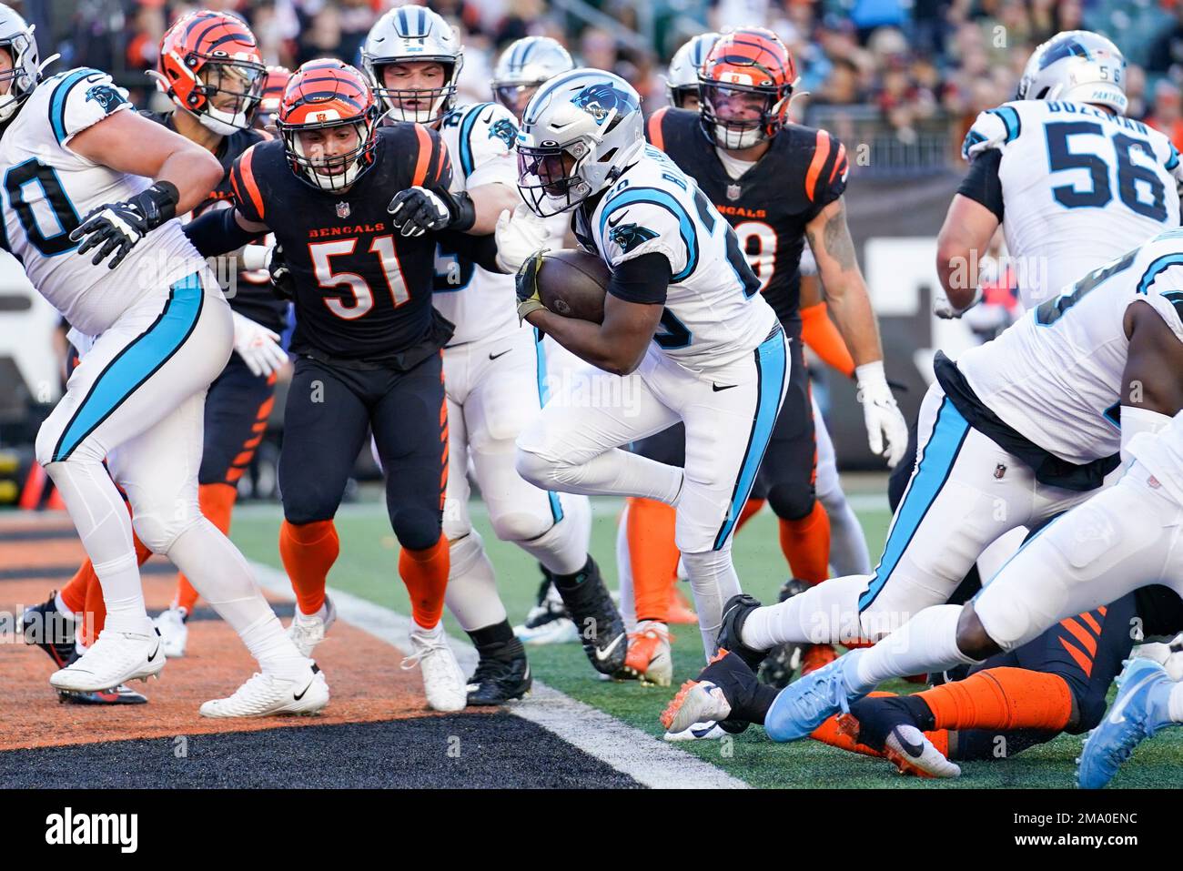 Carolina Panthers running back Raheem Blackshear (20) scores a ...