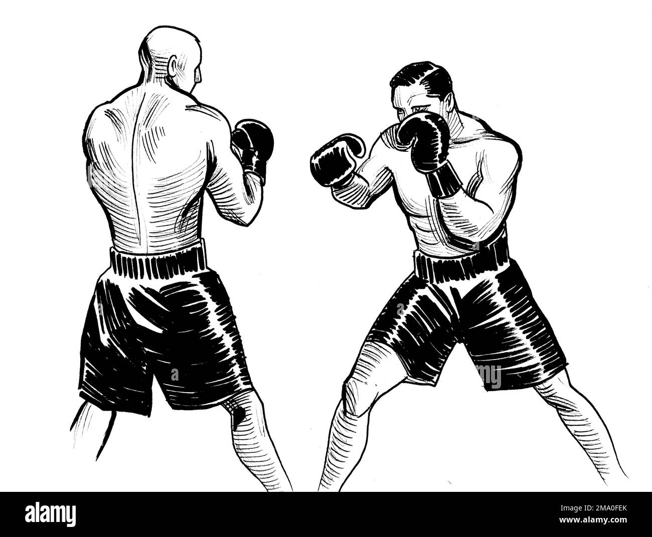 Boxing athletes. Ink black and white drawing Stock Photo - Alamy