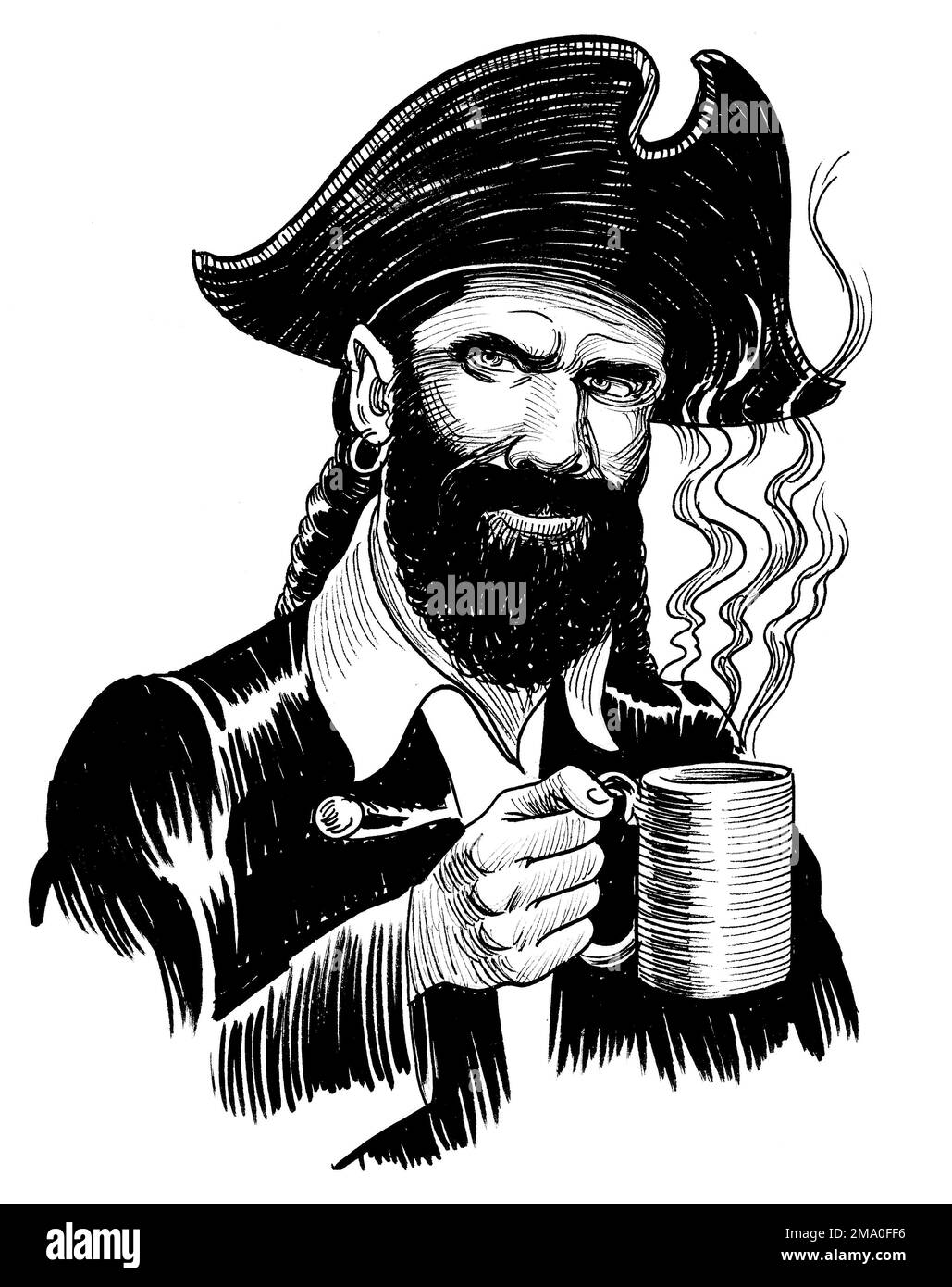 Pirate drinking a cup of coffee. Ink black and white drawing Stock ...