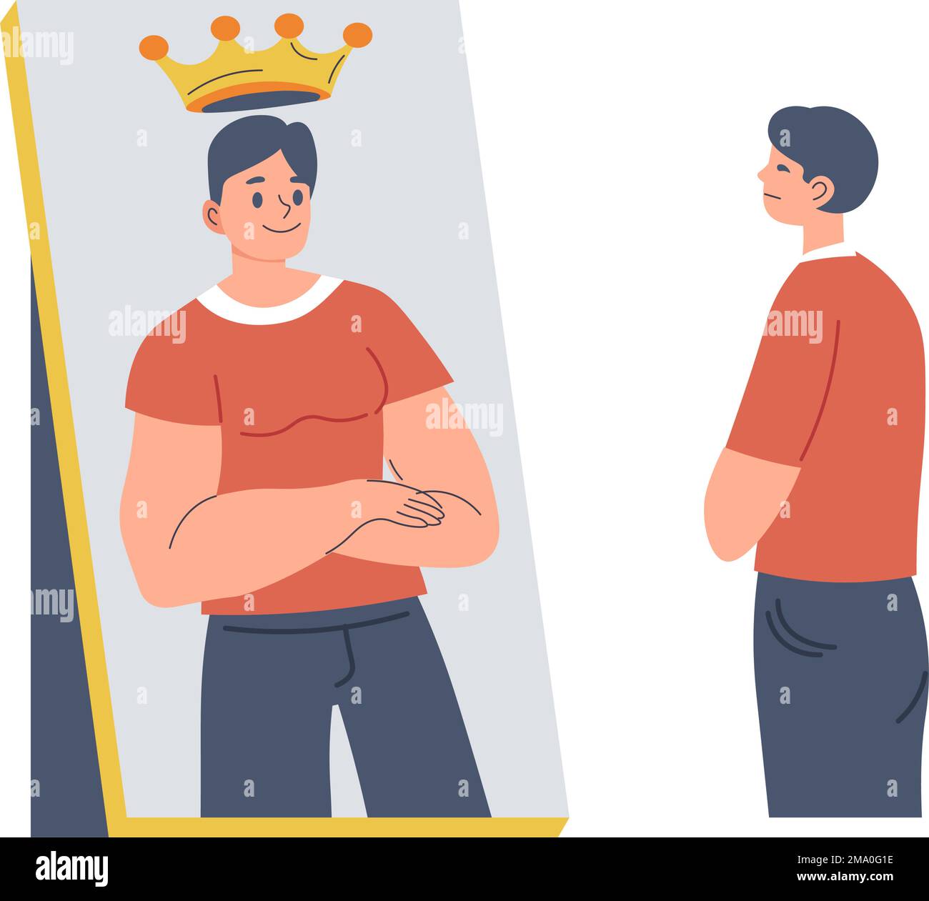 Male character looking at mirror reflection and sees man wearing crown ...
