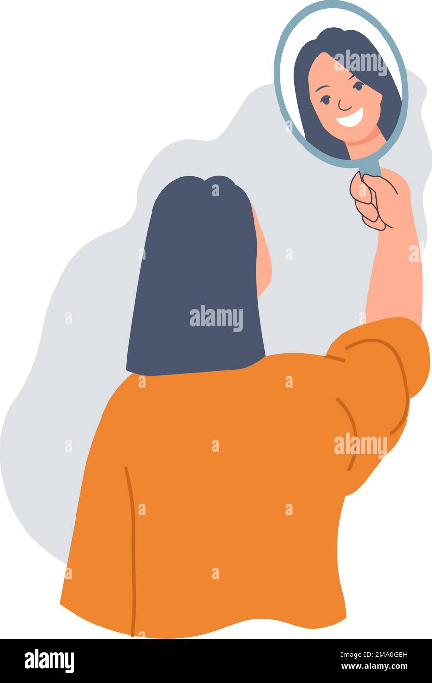 Female character looking at her mirror reflection, smiling and ...