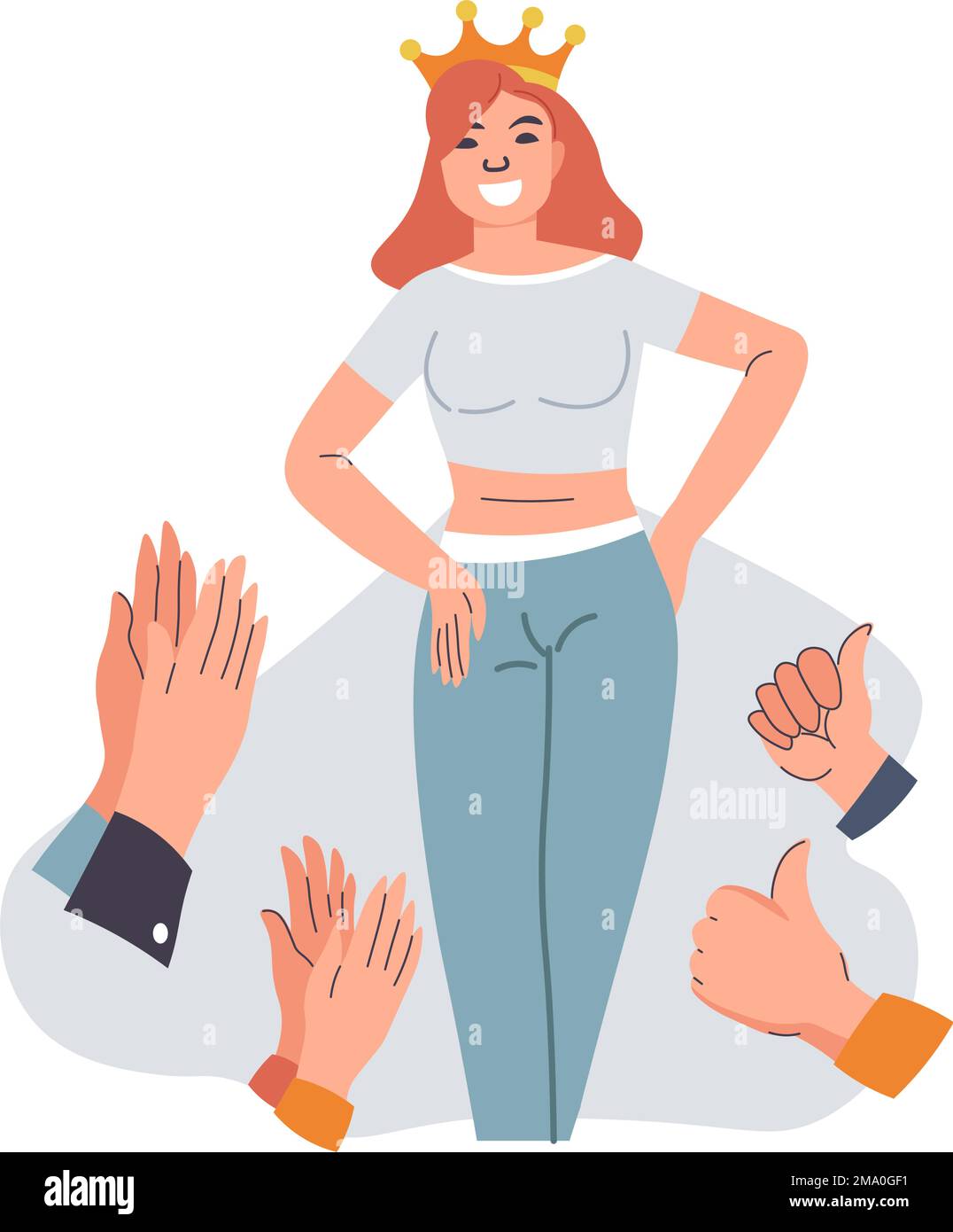 Woman wearing crown smiling and getting praises from people. Isolated ...