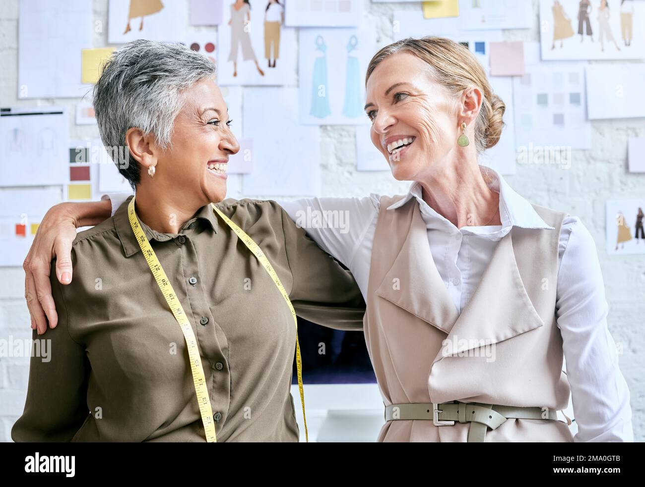 Business partnership, senior women and fashion management in a creative ...