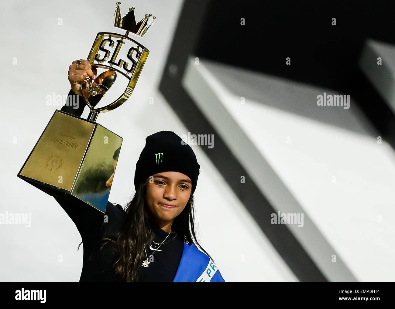 Rayssa Leal of Brazil holds the trophy after winning the Street League Skateboarding, SLS, Super ...