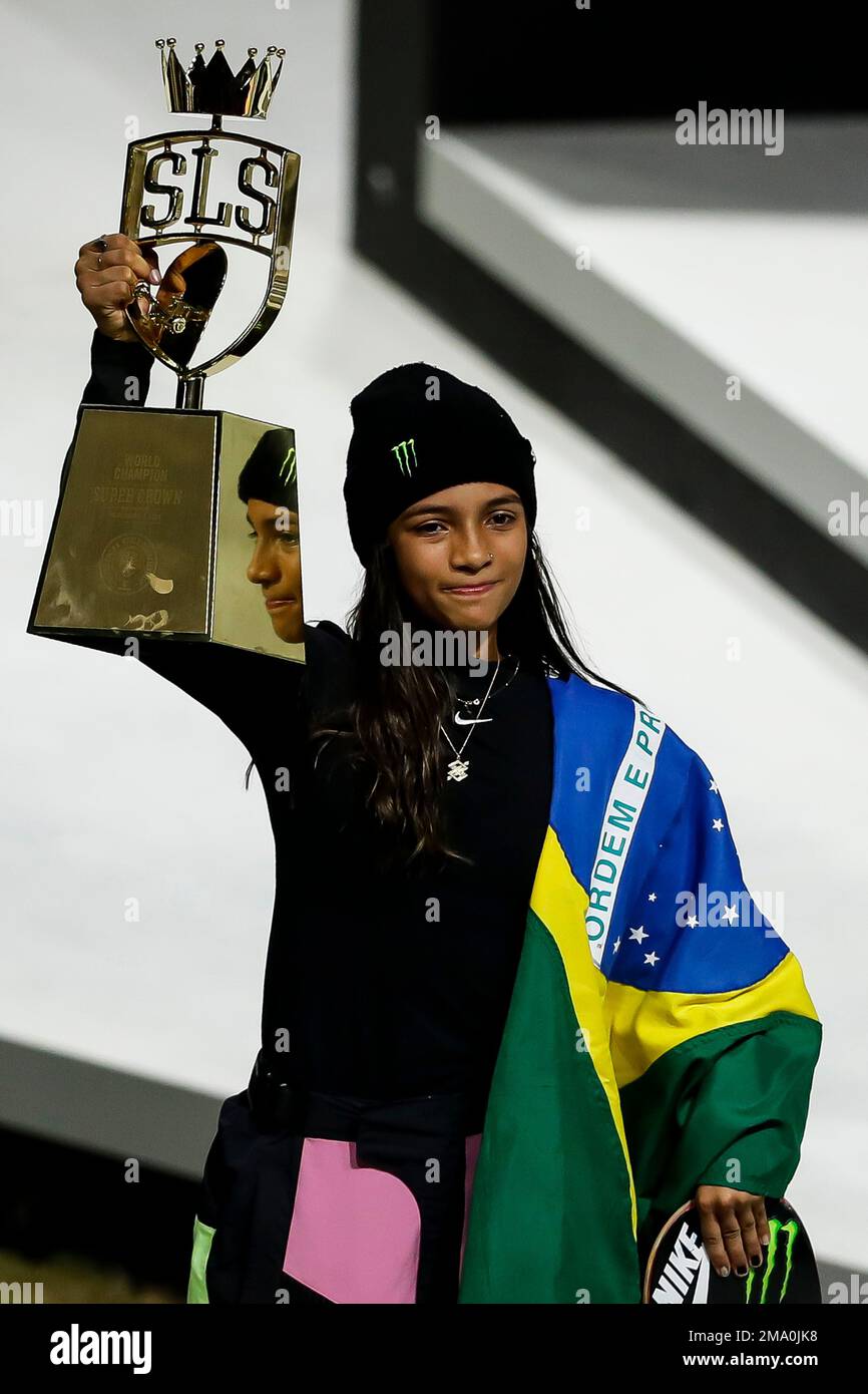 Rayssa Leal of Brazil holds the trophy after winning the Street League Skateboarding, SLS, Super ...