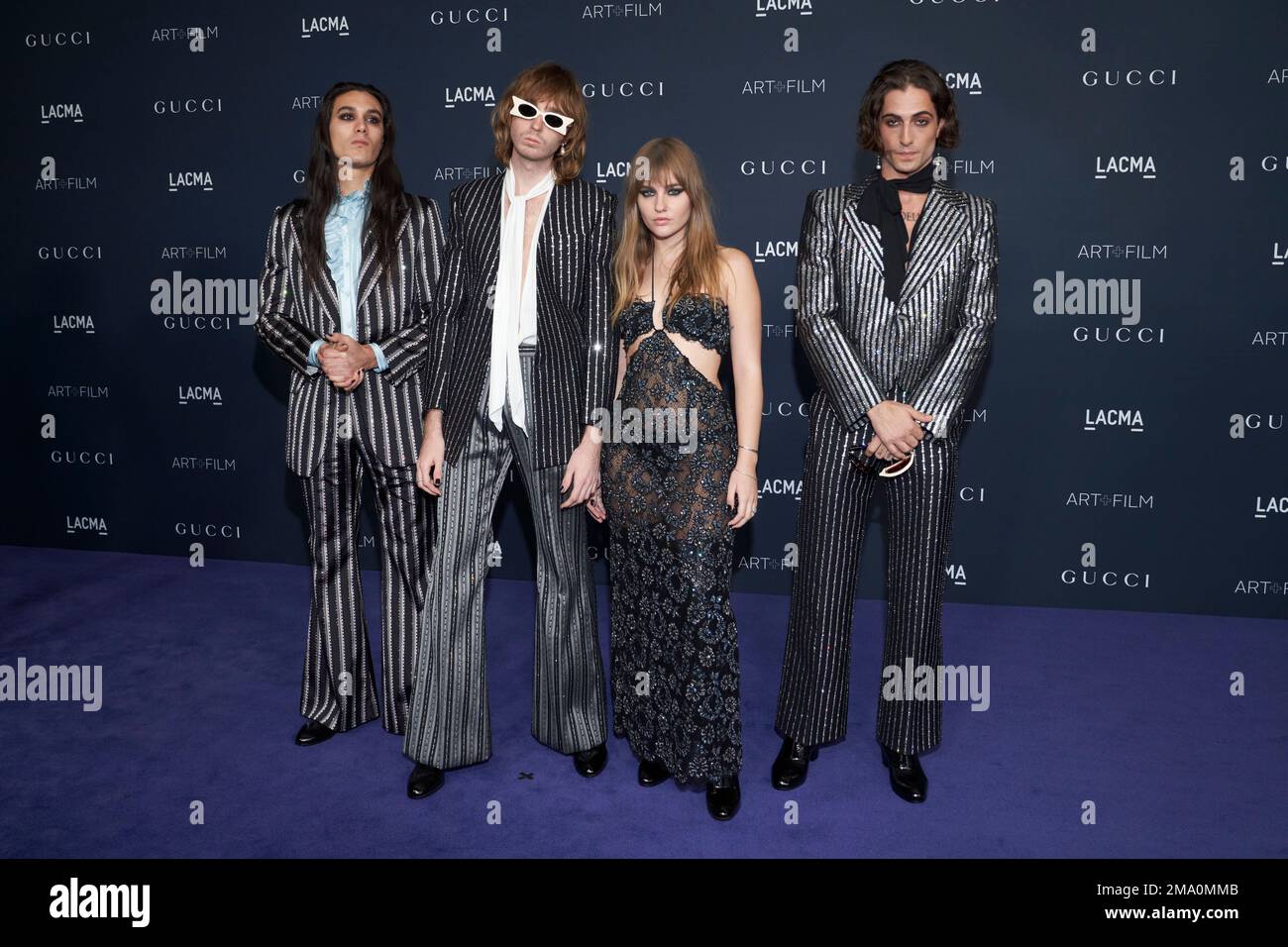 Ethan Torchio, Thomas Raggi, Victoria De Angelis, and Damiano David of Måneskin, from left ...