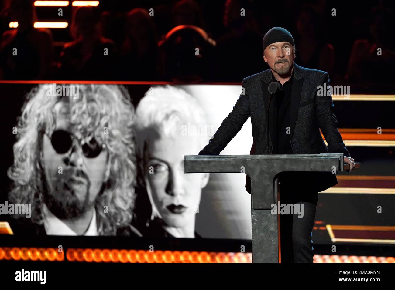 The Edge introduces inductees Eurythmics during the Rock & Roll Hall of ...