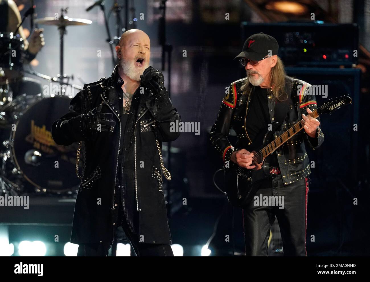 Inductees Rob Halford, left, and Glenn Tipton of Judas Priest perform ...
