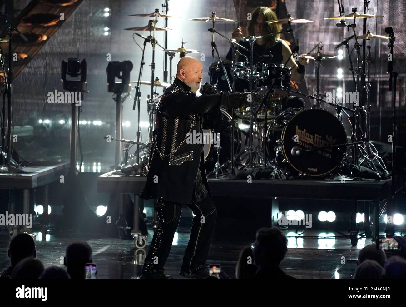 Inductees Rob Halford, left, and Scott Travis of Judas Priest perform ...