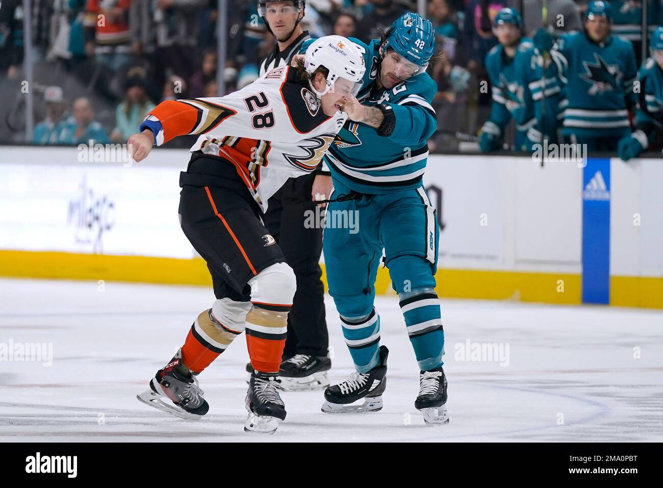 Anaheim Ducks defenseman Nathan Beaulieu (28) fights with San Jose ...