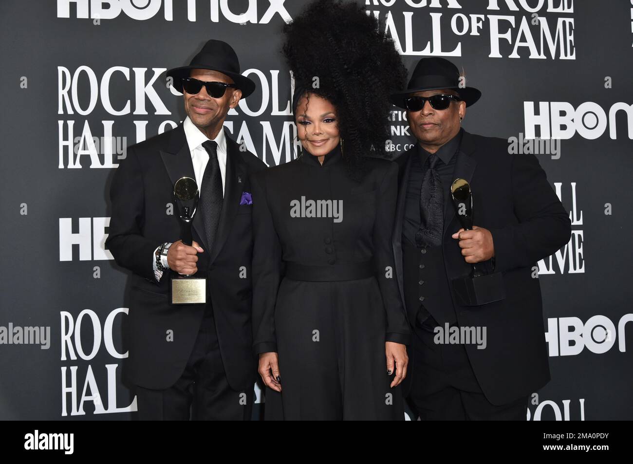 Janet Jackson, center, poses with inductees Jimmy Jam, left, and Terry Lewis in the press room ...