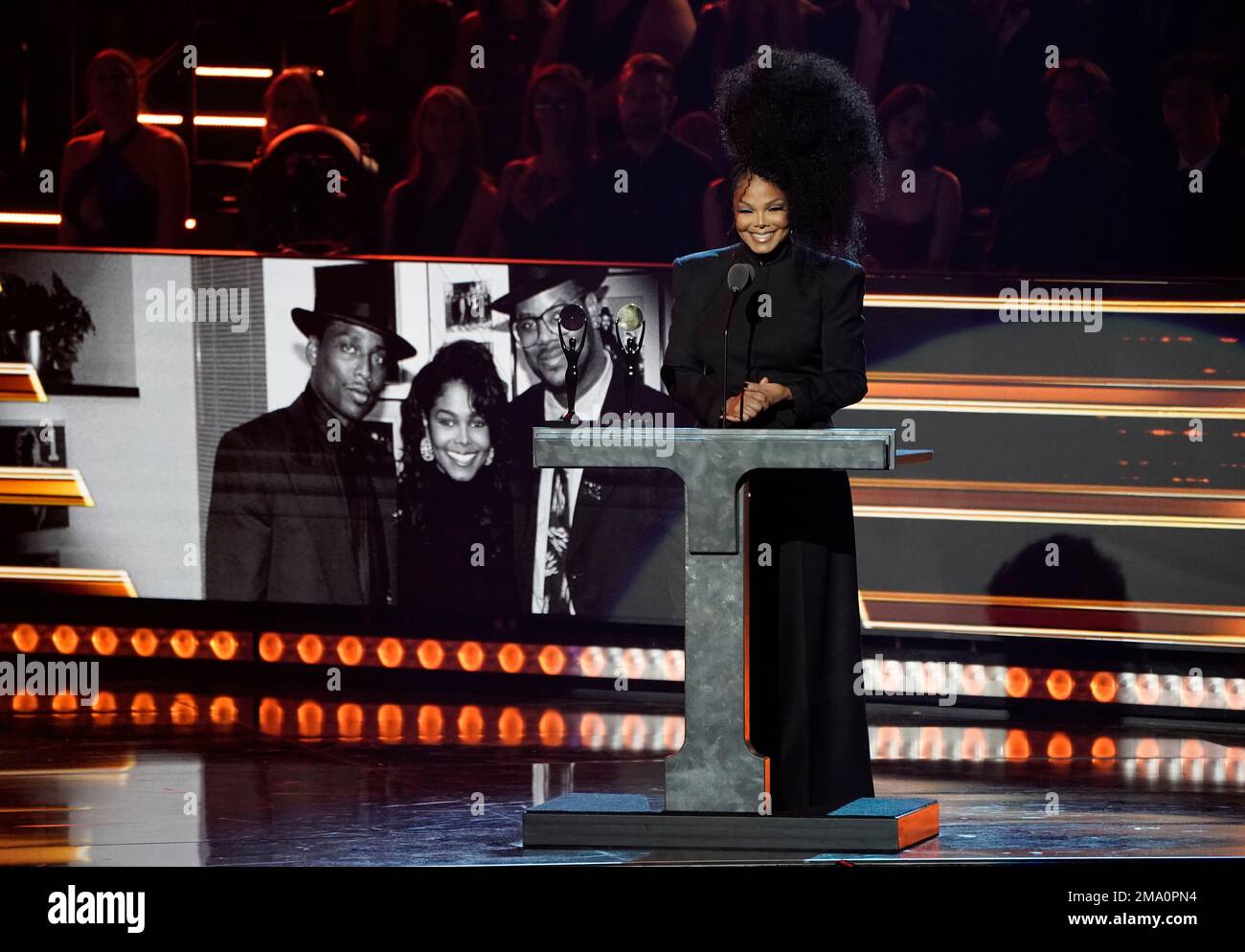 Janet Jackson introduces inductees Jimmy Jam and Terry Lewis during the ...