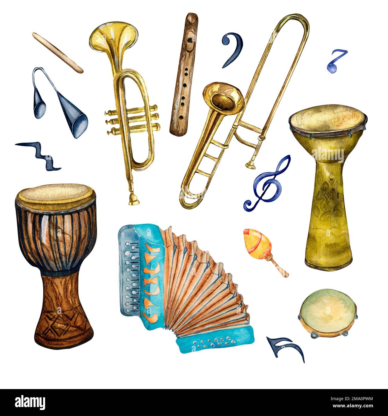 Set of jazz musical instruments and symbols watercolor illustration ...