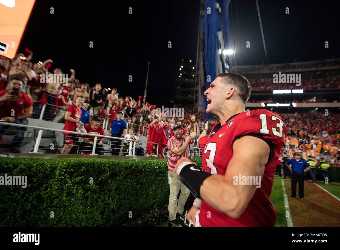 Georgia quarterback Stetson Bennett (13) reacts to the crowd as he ...