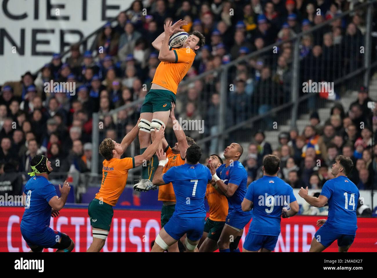Australia s Nick Frost wins a lineout during the Autumn Nations Cup rugby union international match between France and Australia at the Stade de France in Saint Denis near Paris Saturday Nov. 5 2022