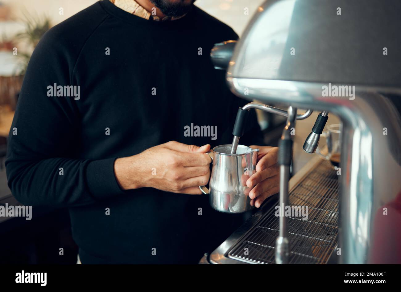 Hands, man and barista brewing coffee at cafe using machine for hot ...