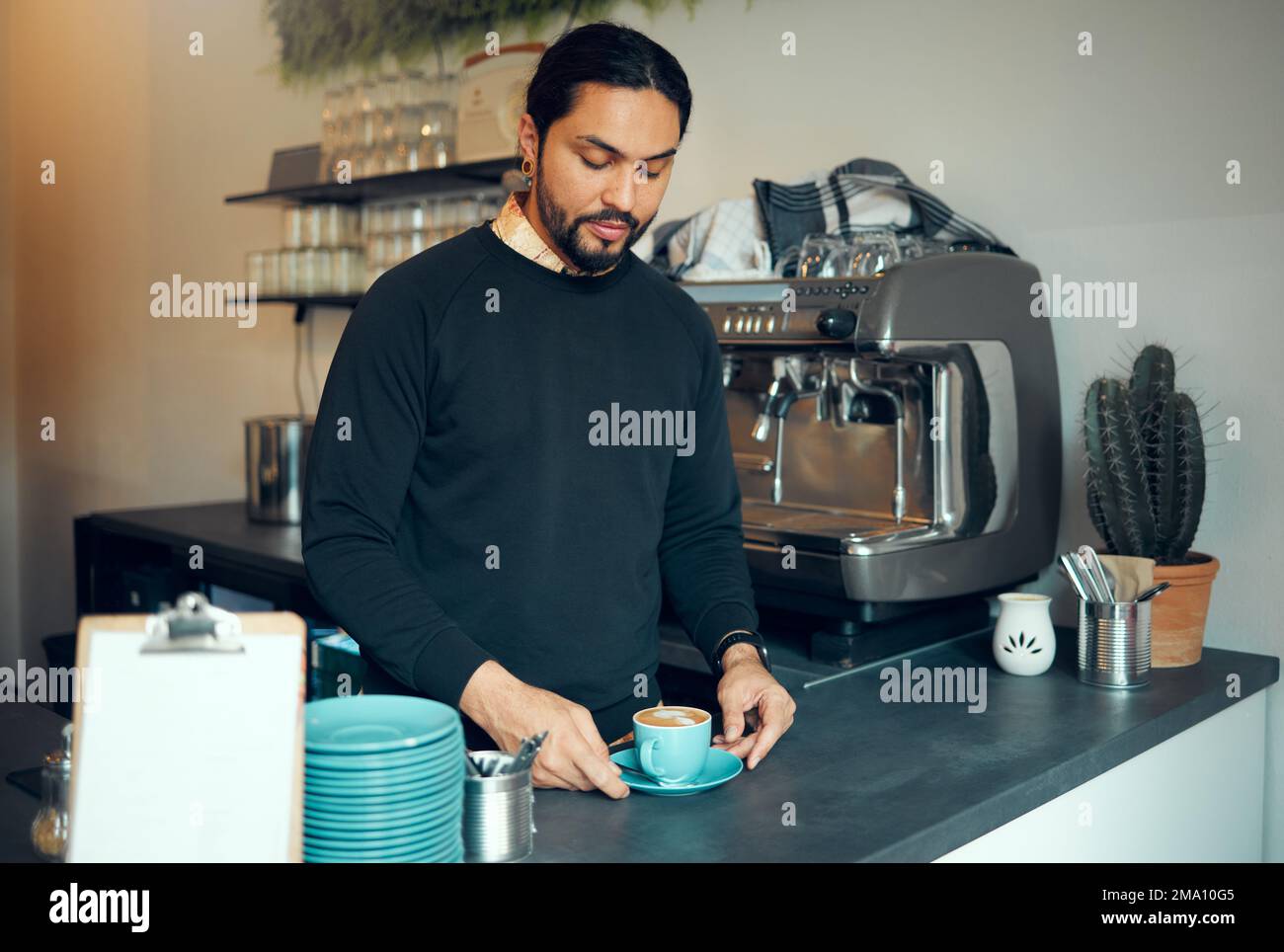 Barista, coffee and man with espresso in cafe thinking or planning ...