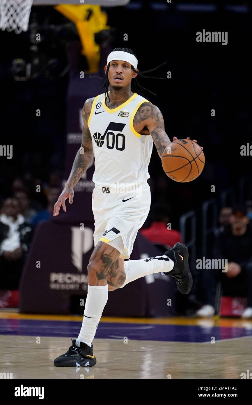 Utah Jazz guard Jordan Clarkson dribbles against the Los Angeles Lakers ...