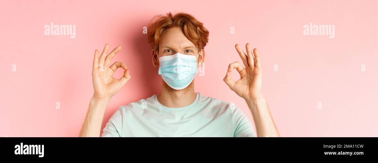 Covid-19 and pandemic concept. Handsome guy with messy ginger hair ...