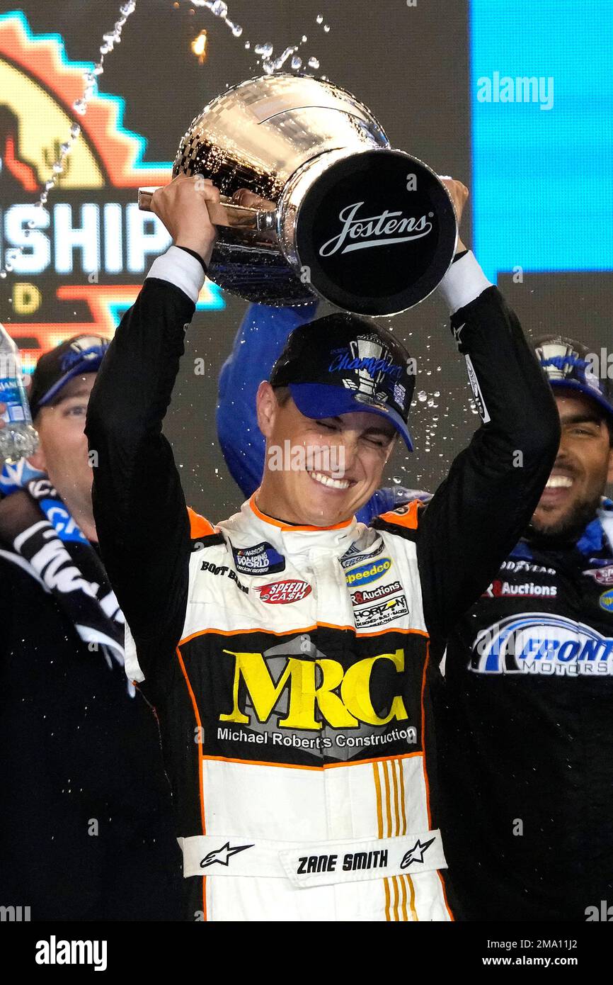 Zane Smith celebrates after winning the NASCAR Truck Series auto race ...