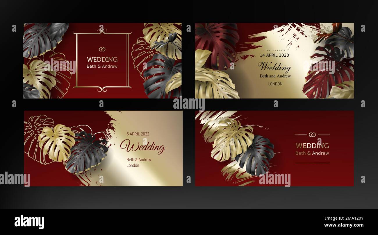 Tropical black gold maroon monstera leaves on dark background vector ...