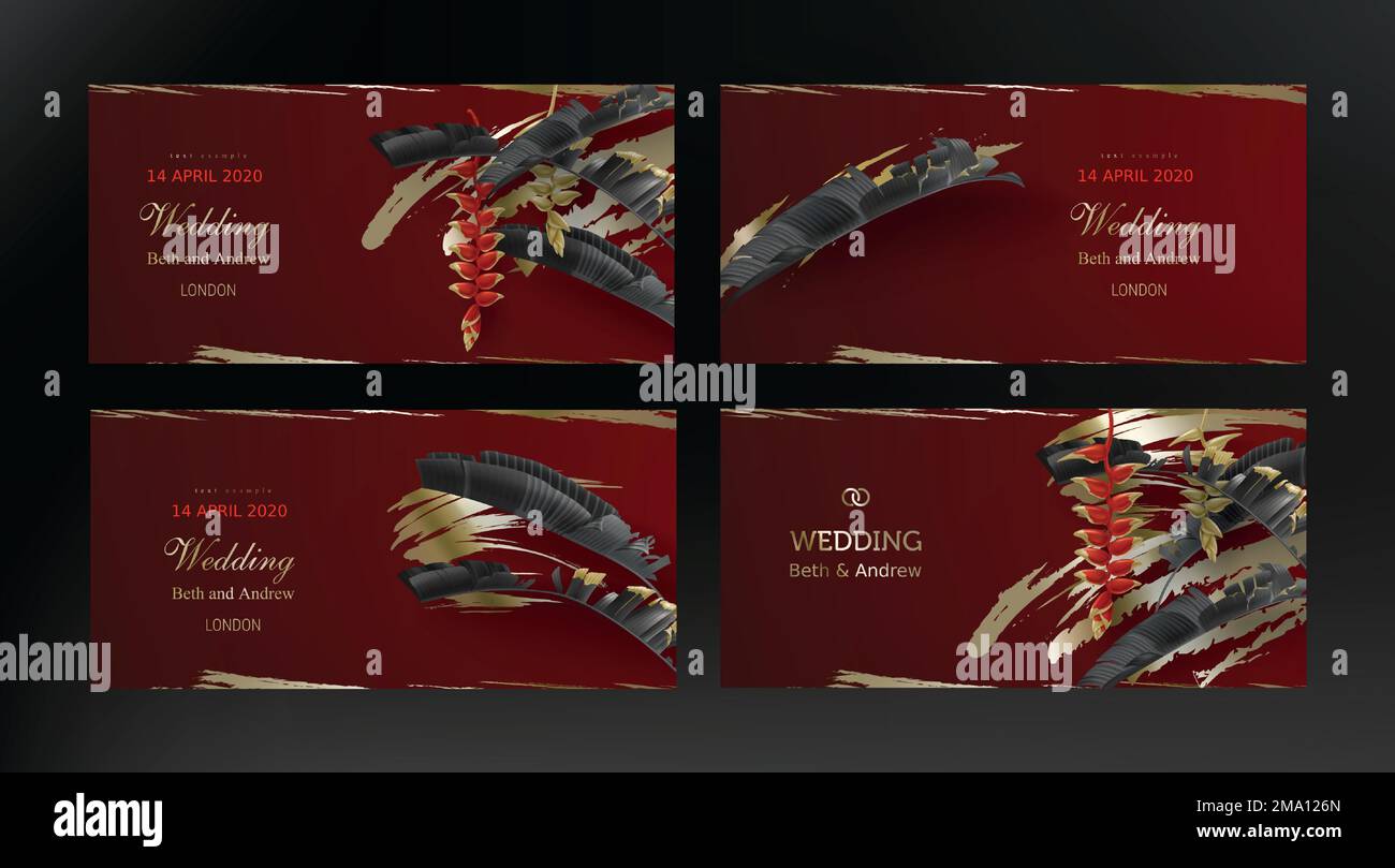 Tropical black gold leaves on dark maroon background vector poster ...