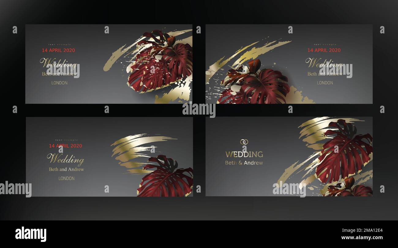 Tropical gold maroon monstera leaves on black dark background vector ...