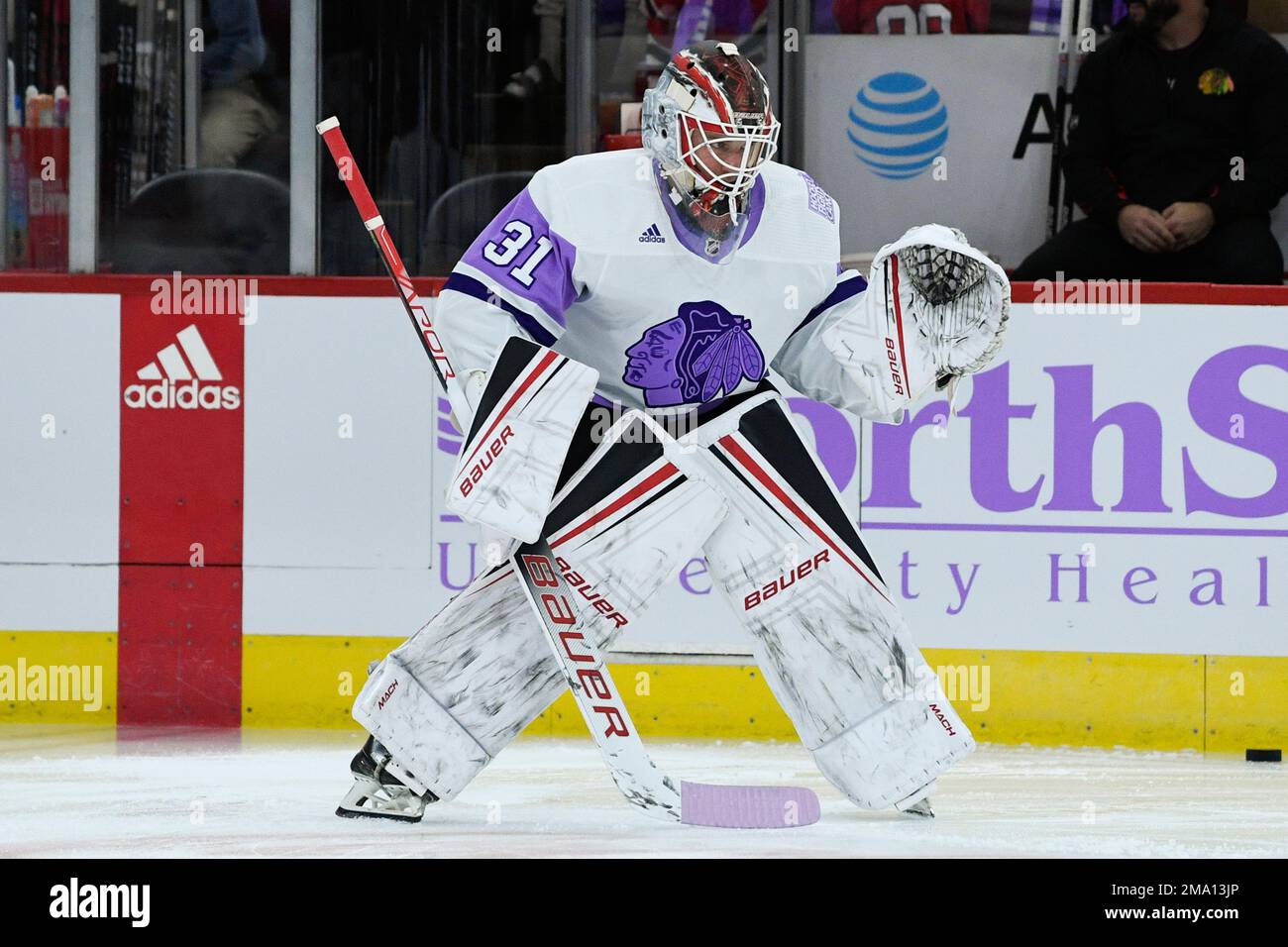 Chicago Blackhawks goalie Dylan Wells warms up before an NHL hockey ...