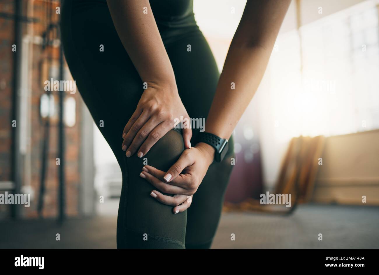 Knee injury, woman and fitness accident, pain and medical emergency ...