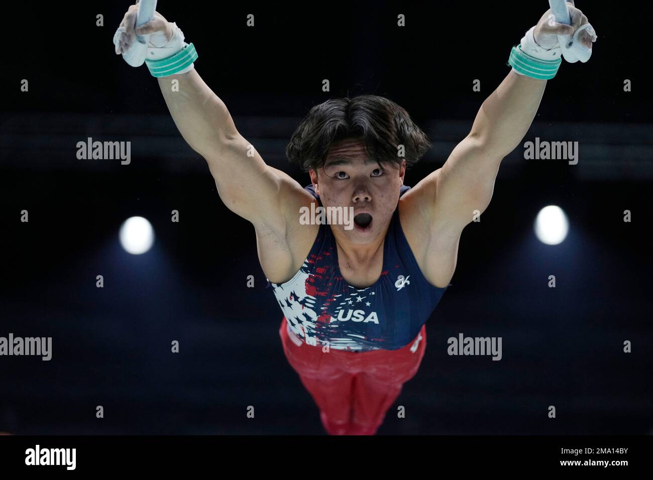 Asher Hong of the U.S. competes on the rings at the Men's All-Around ...