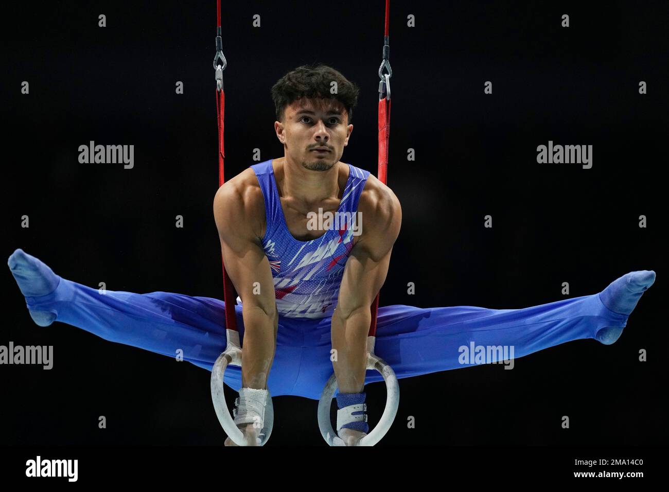 Jake Jarman of Britain competes on the rings at the Men's All-Around ...