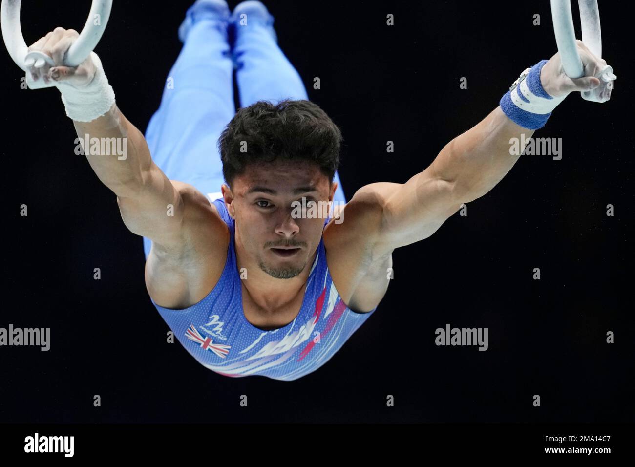 Jake Jarman of Britain competes on the rings at the Men's All-Around ...