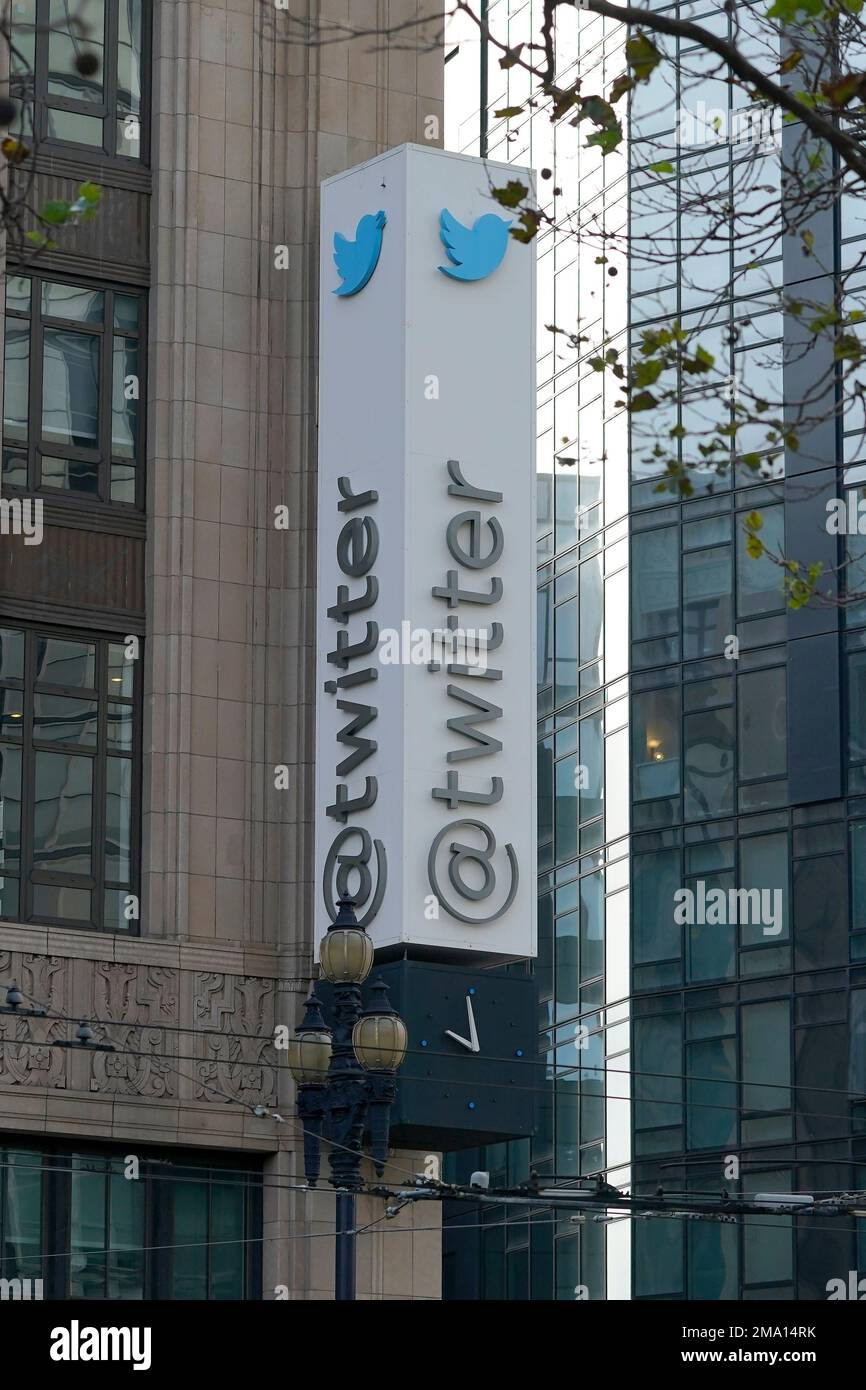 A Twitter headquarters sign is shown in San Francisco, Friday, Nov. 4 ...
