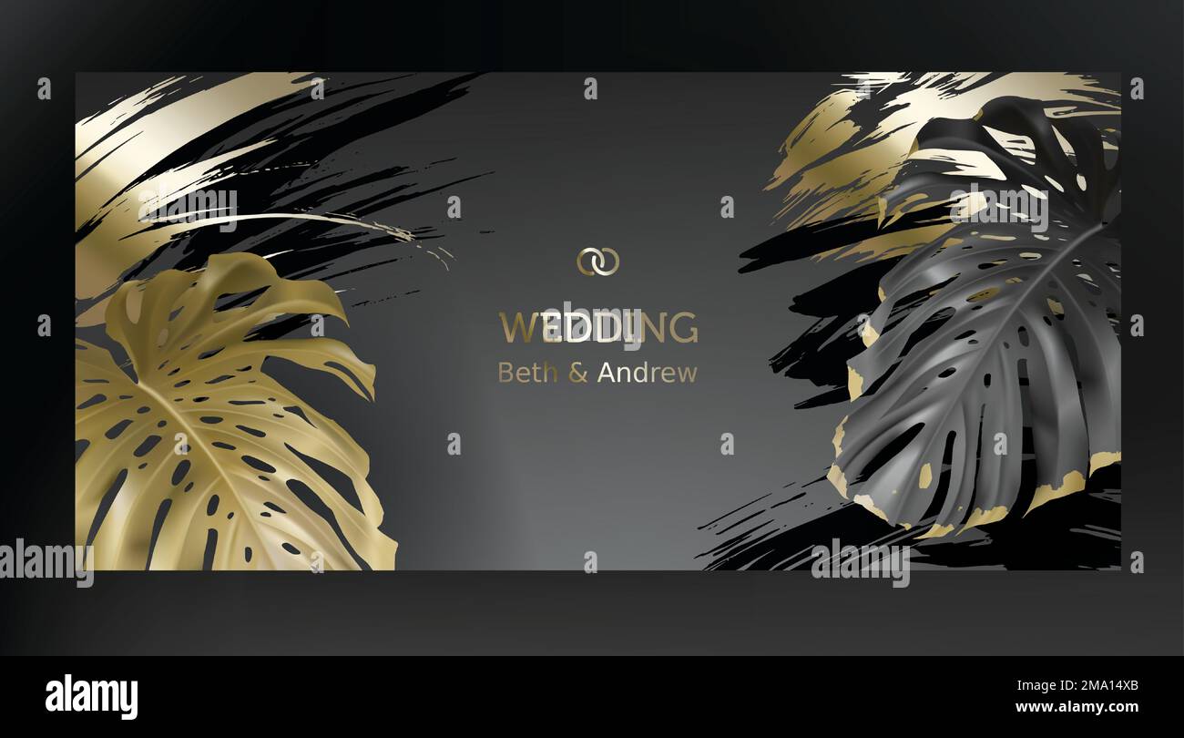 Tropical black gold monstera leaves on dark background vector ...