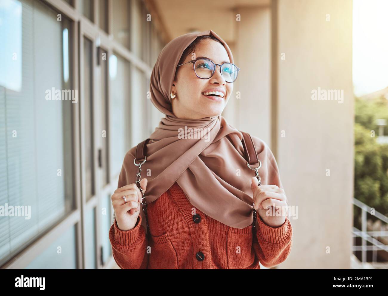 University, education student and muslim woman in campus ready for ...