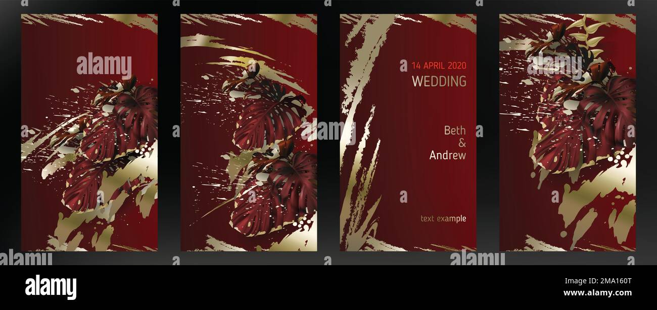 Tropical gold maroon monstera leaf, on dark red background vector ...