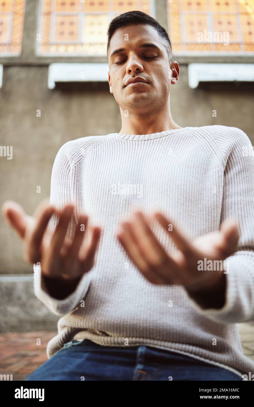 Pray, muslim man and sitting person in a mosque for holy temple worship ...