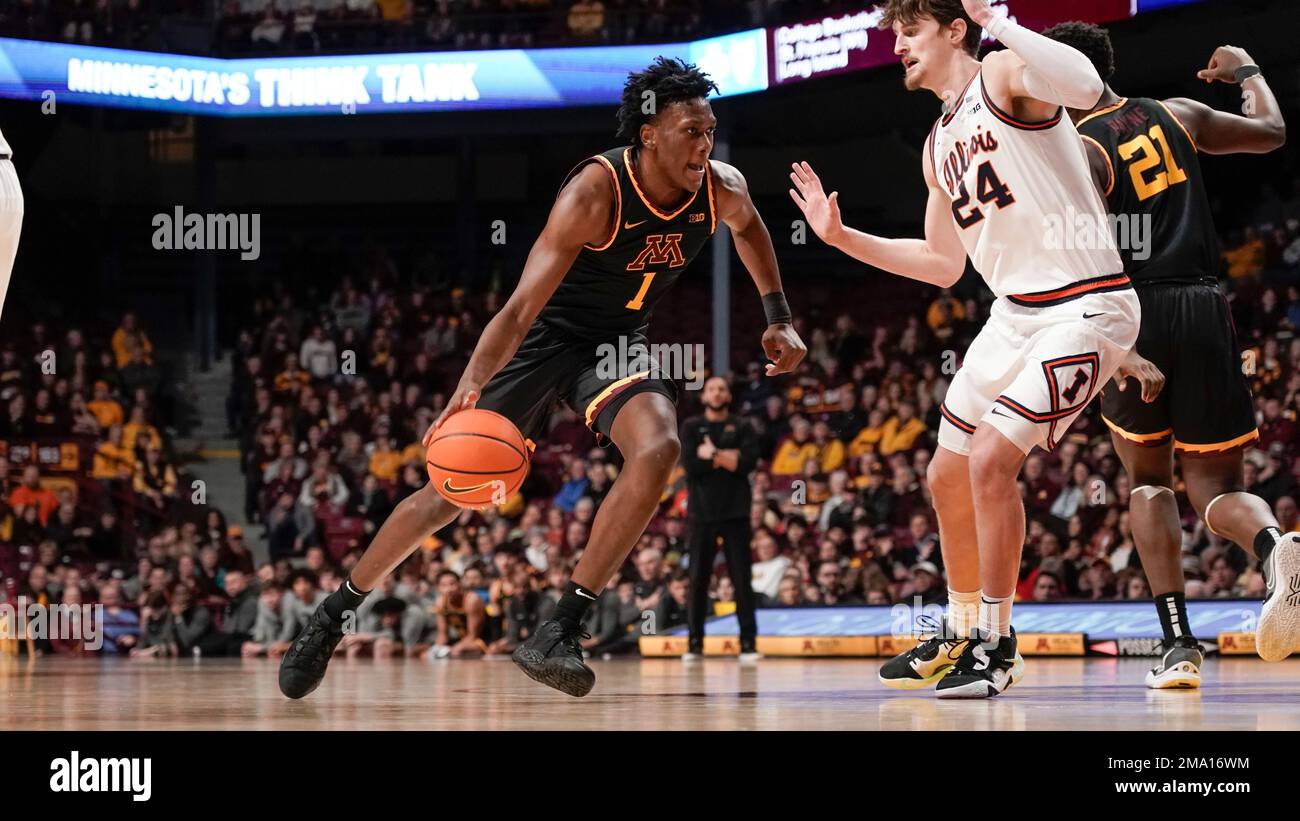 Minnesota forward Joshua Ola-Joseph (1) drives past Illinois guard ...