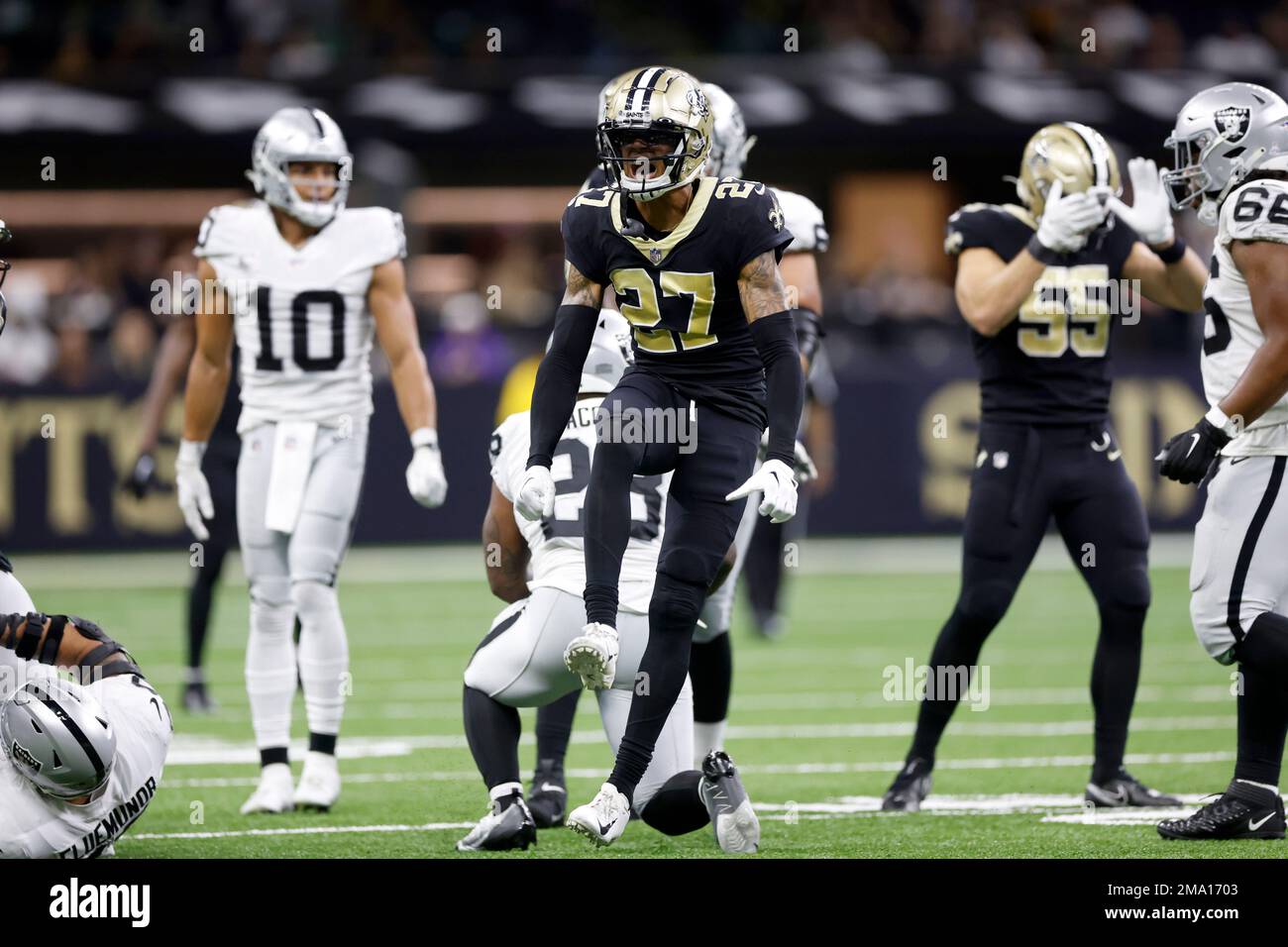 New Orleans Saints cornerback Alontae Taylor (27) celebrates a tackle ...