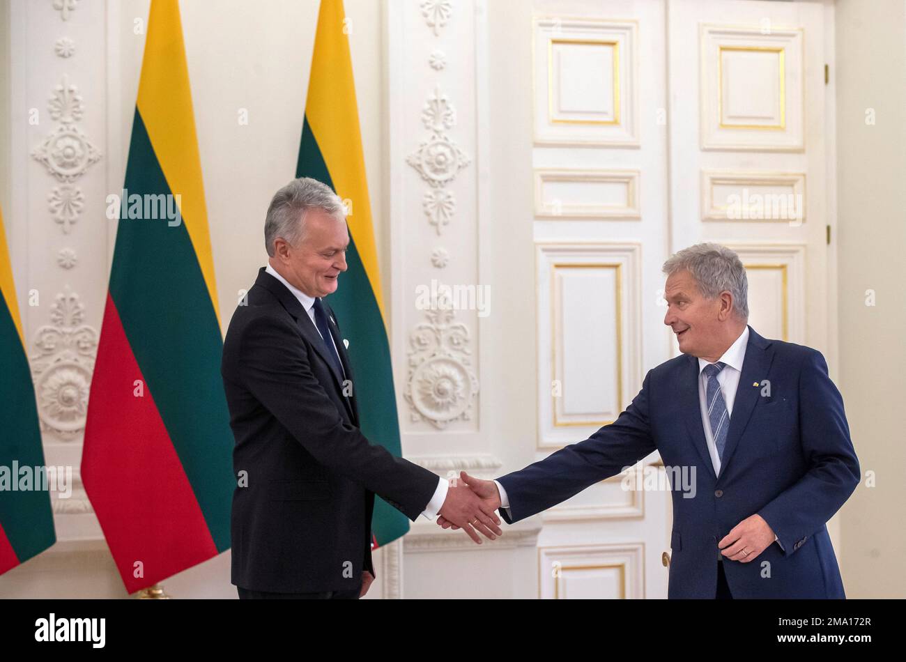 Lithuania's President Gitanas Nauseda, left, welcomes Finland's ...