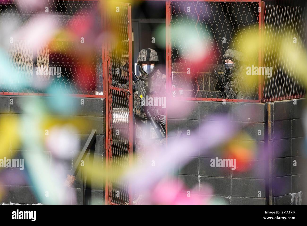 South Korean army soldiers stand guard inside a military guard post as ...