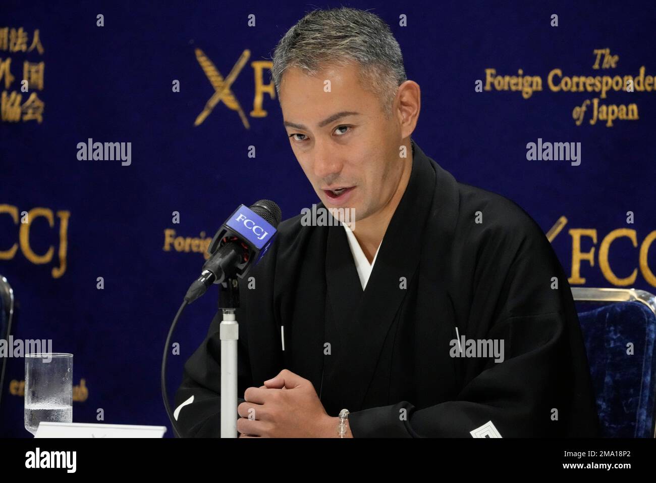 Japanese Kabuki actor Ichikawa Danjuro XIII, Hakuen speaks during a ...