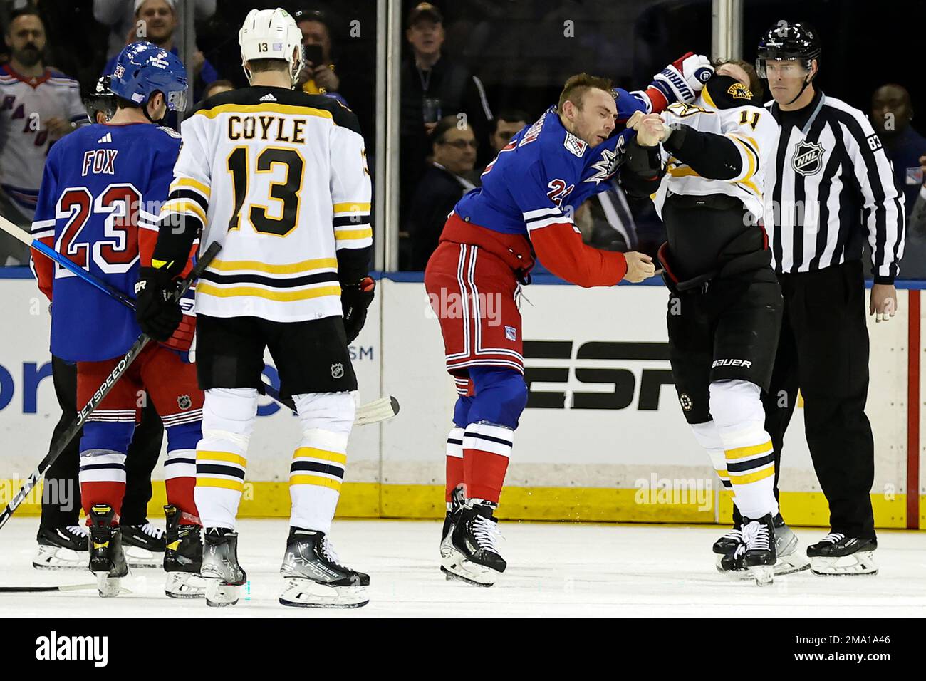 New York Rangers center Barclay Goodrow fights with Boston Bruins ...