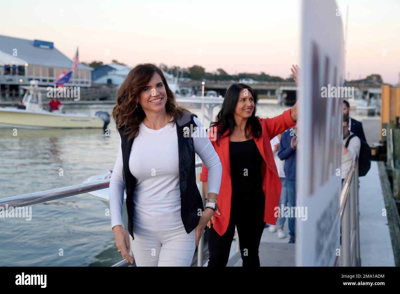 U.S. Rep. Nancy Mace, R-S.C., left, arrives at a campaign event with ...