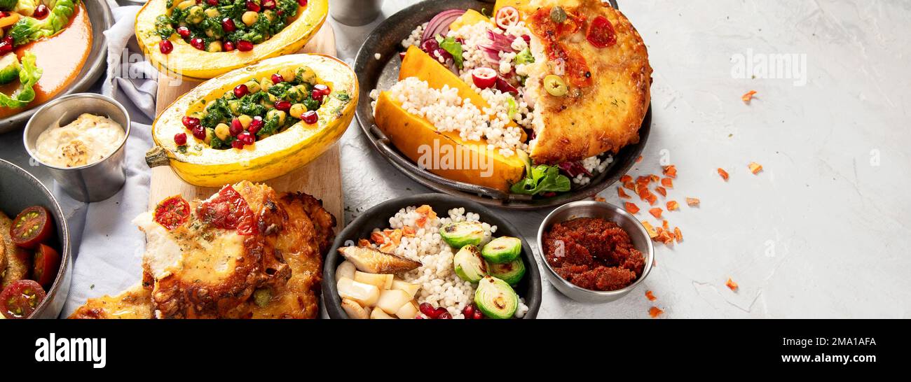 Vegetarian food concept. Various healthy vegan dishes high in vitamins ...