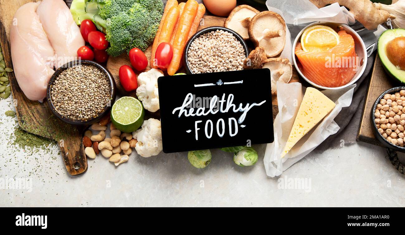 Healthy food selection on white background. Detox and clean diet ...