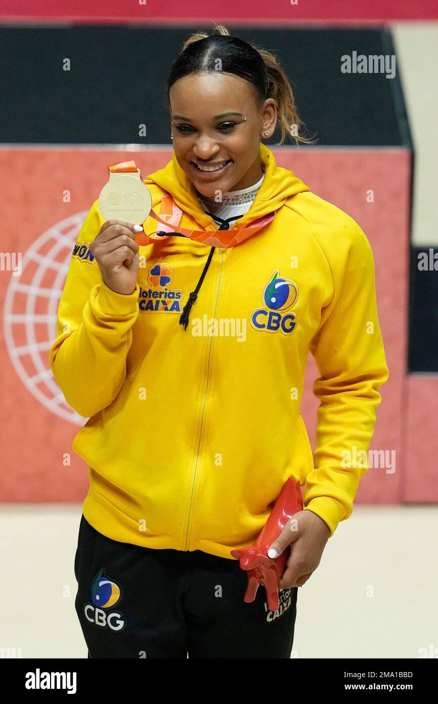 Gold medalist Rebeca Andrade of Brazil celebrates during a medal ...