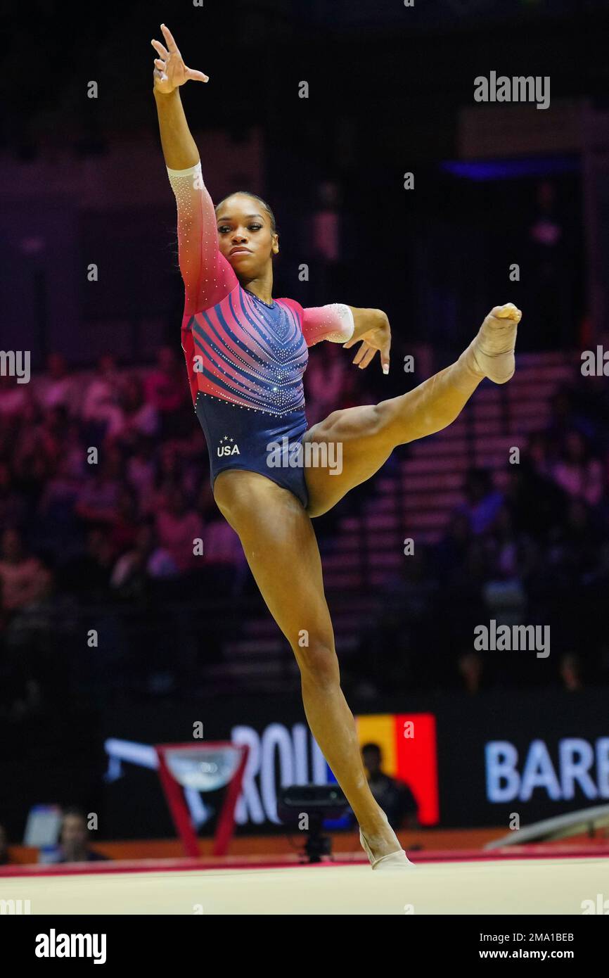 Shilese Jones of the U.S. competes on the floor exercise at the Women's ...