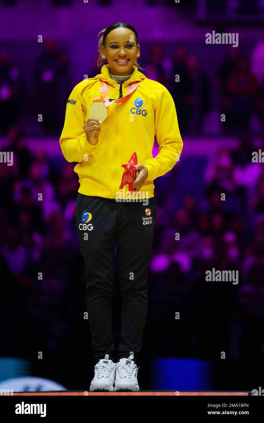 Gold medalist Rebeca Andrade of Brazil celebrates during a medal ...