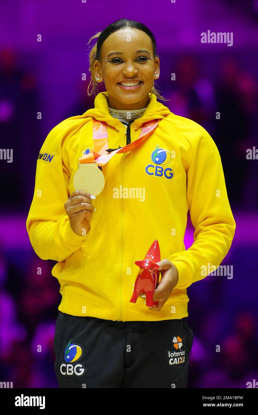 Gold medalist Rebeca Andrade of Brazil celebrates during a medal ...